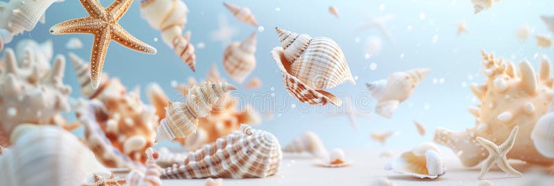 Floating Sea Shells and Starfish with Bubble on Blue Background Banner ...