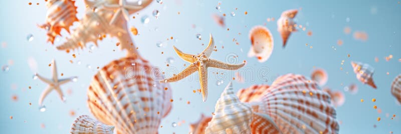 Floating Sea Shells and Starfish with Bubble on Blue Background Banner ...
