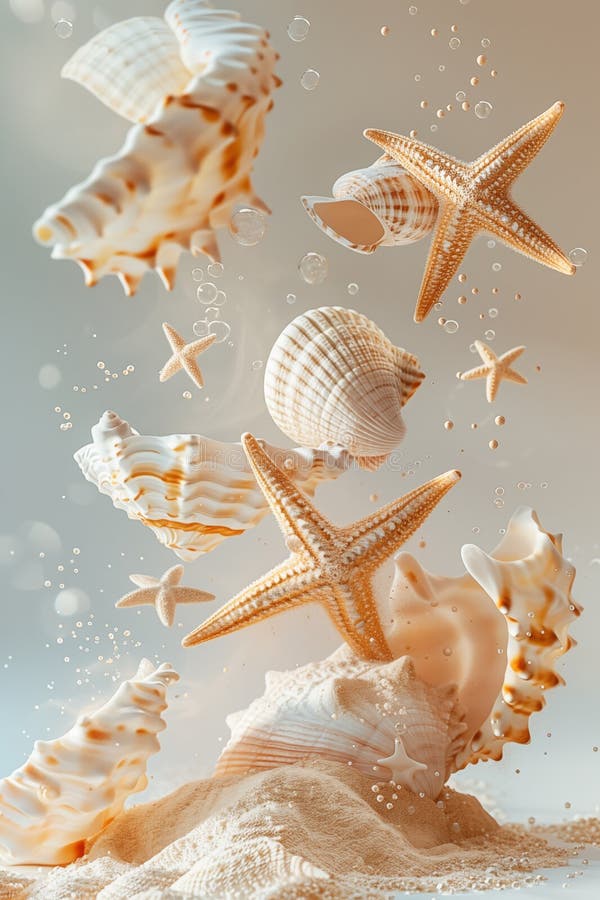 Floating Seashell and Starfish with Sand Particles Levitation in Air on ...