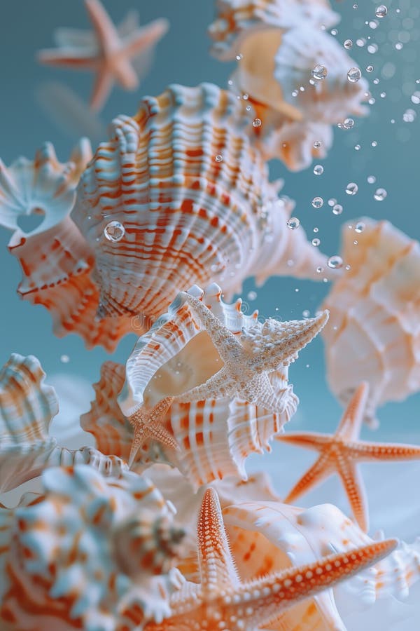 Floating Seashell and Starfish in Underwater Scene with Bubble Detail ...