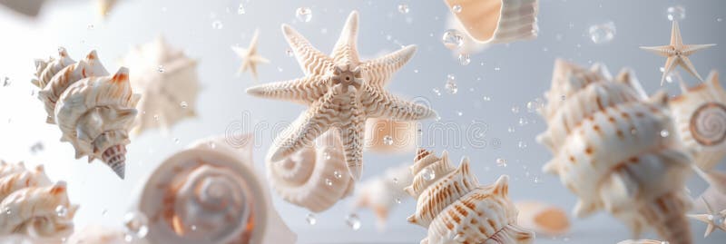 Floating Seashell and Starfish with Water Droplet in Dreamy, Light ...