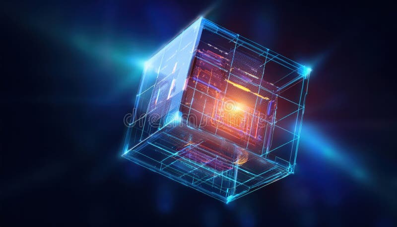 Floating Semi-transparent Cube with Glowing Light Emitting from ...