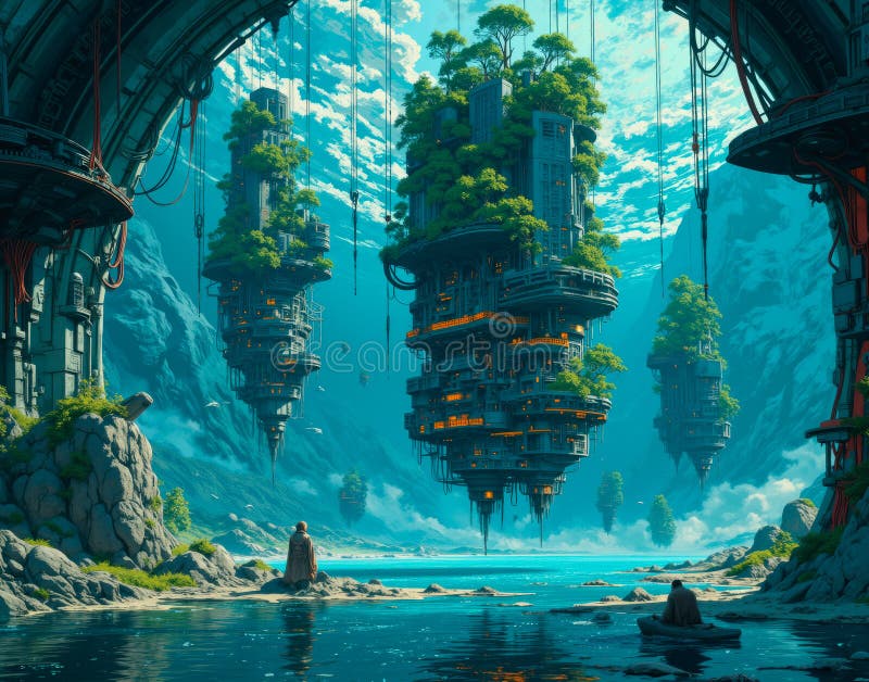 Floating Server Islands in a Zero-gravity Chamber, with Suspended Cable ...