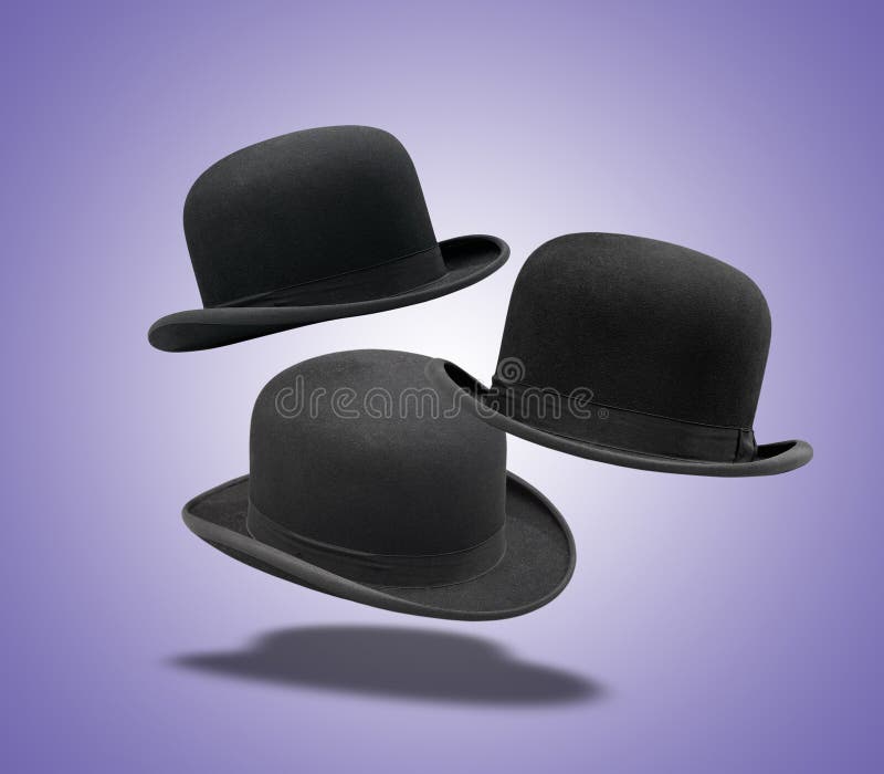 Floating Set of Stylish Black Bowler Hat Stock Photo - Image of ...