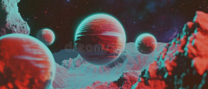 Floating Shapes in a Vibrant Cosmic Backdrop with Glowing Planets and ...