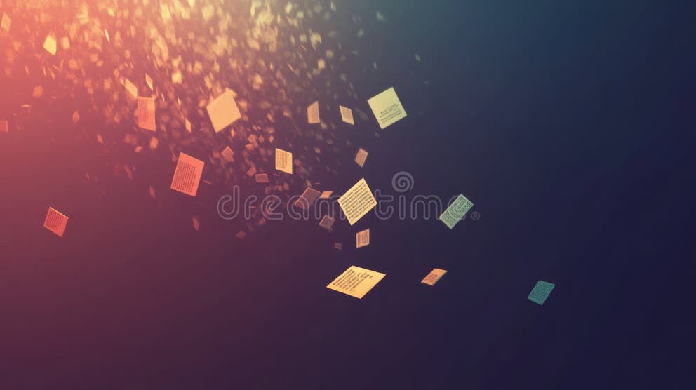Floating Sheets of Paper with Text Illuminated by Warm Light in an ...