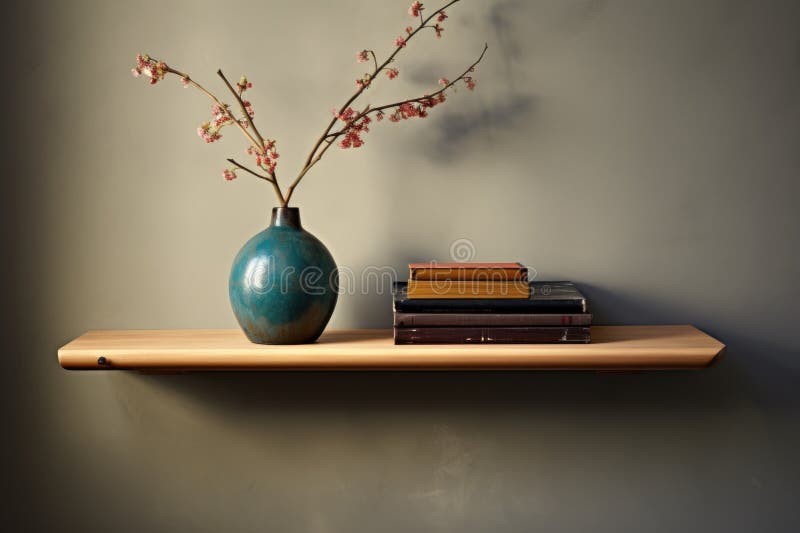 A Floating Shelf with a Few Books and a Ceramic Vase on it Stock Image ...