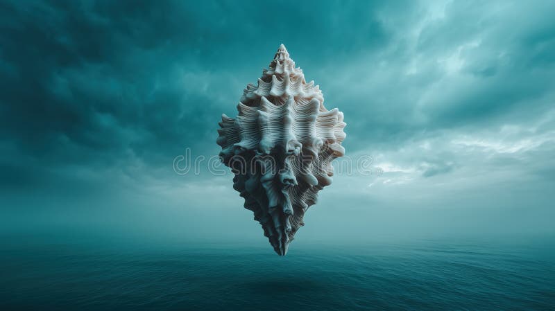 Floating Shell Sculpture with Human Face Texture Over Sea Under Cloudy ...