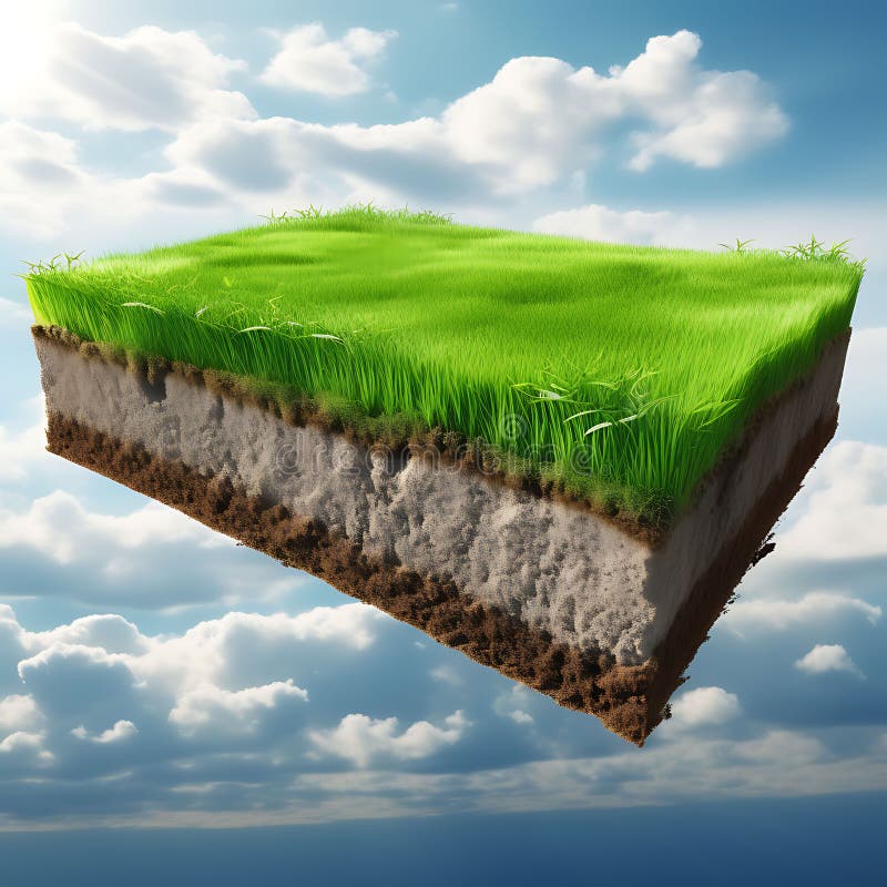 Floating Slice of Land with Green Grass Surface and Soil Section - a ...