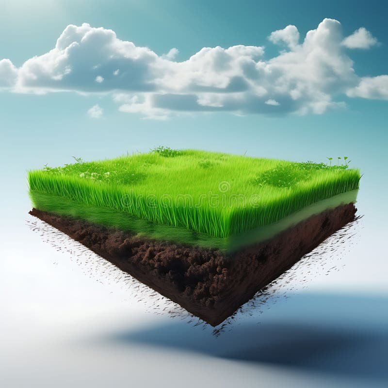 Floating Slice of Land with Green Grass Surface and Soil Section - a ...