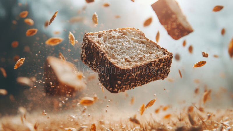 Floating Slice of Seeded Bread Amidst Falling Wheat Grains Stock ...