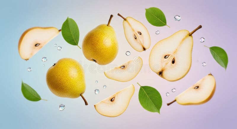 Floating Sliced Pears with Leaves on Pastel Background Stock ...