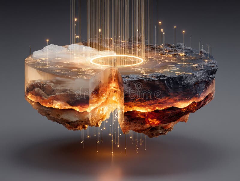 Floating Sliced Planet with Golden Data Columns and Inner Glow Stock ...