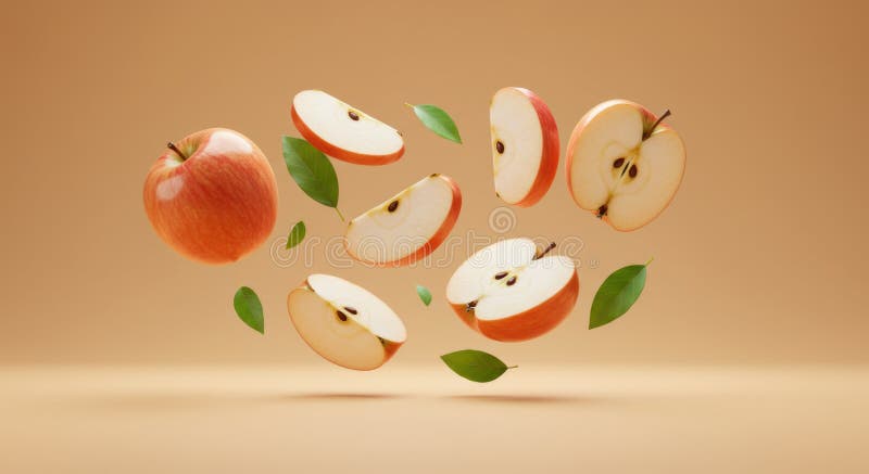 Floating Sliced Red Apples and Leaves Against Beige Background Stock ...