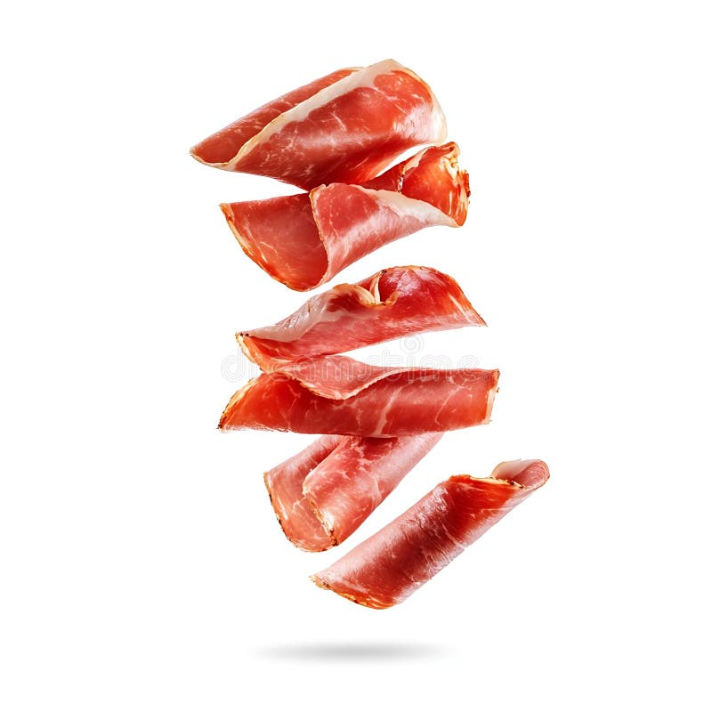 Floating Slices of Red Ham Isolated on White Background, Top View Stock ...
