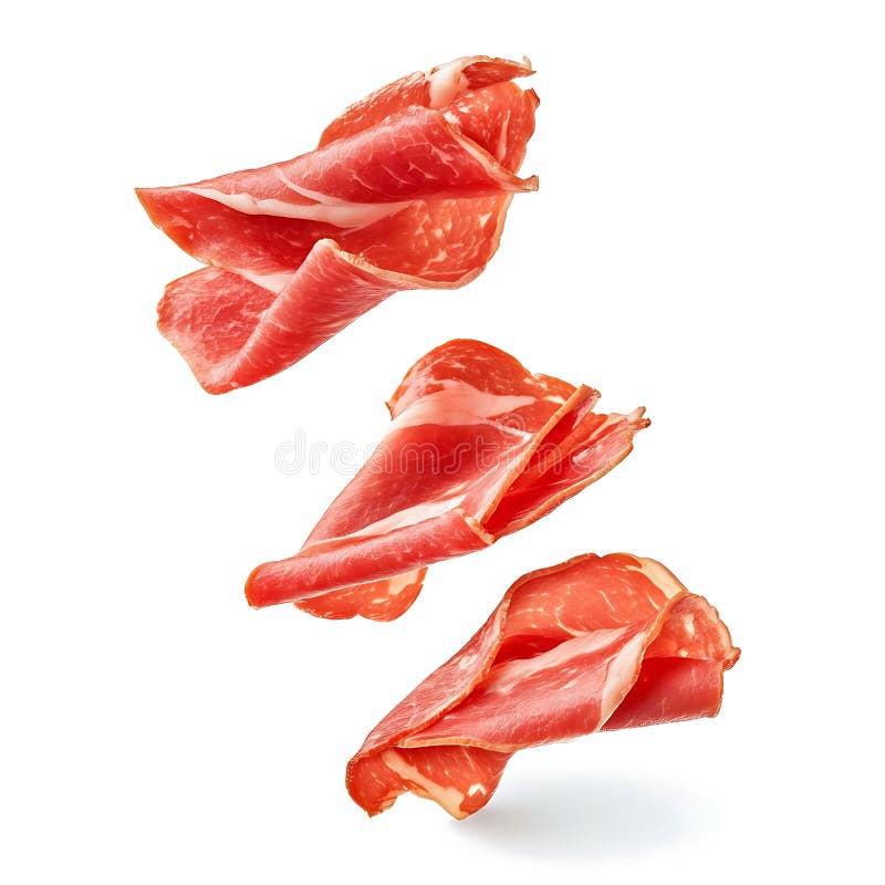 Floating Slices of Red Ham Isolated on White Background, Top View Stock ...
