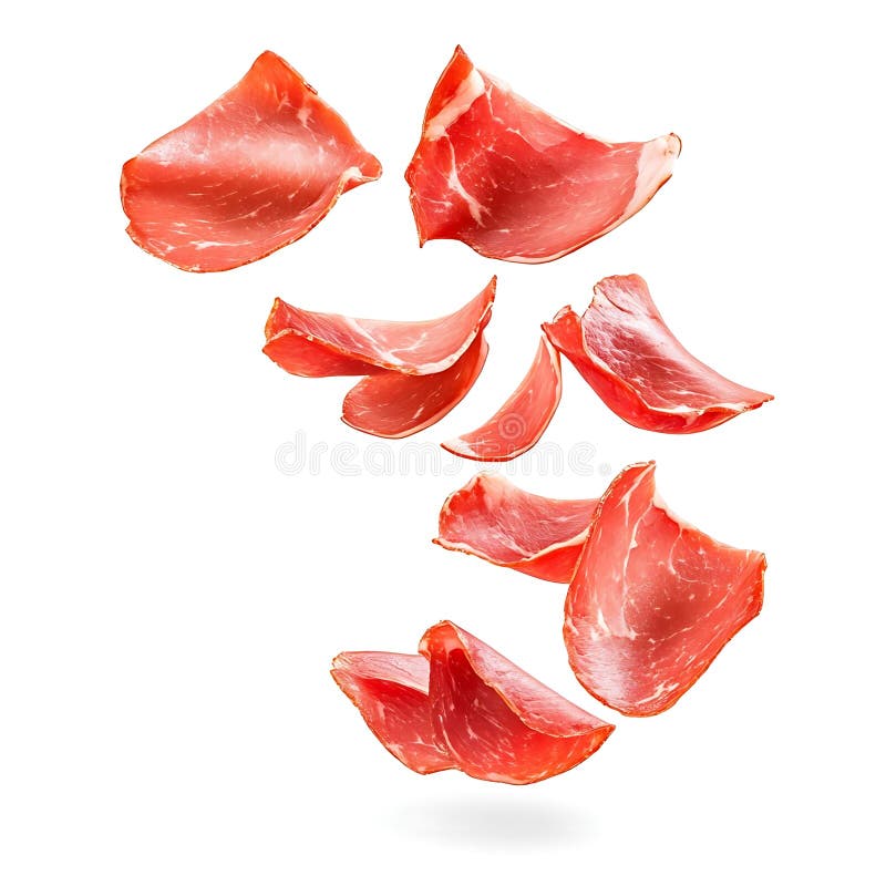 Floating Slices of Red Ham Isolated on White Background, Top View Stock ...
