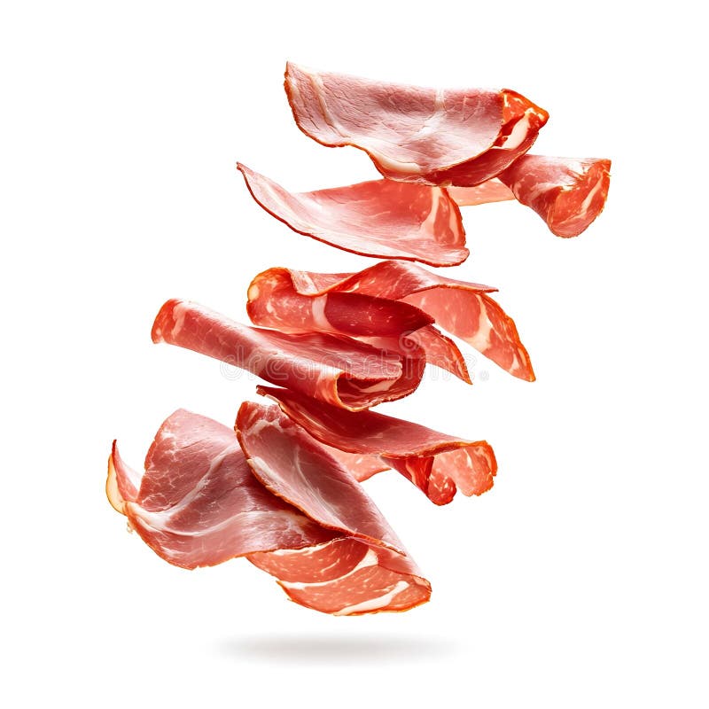 Floating Slices of Red Ham Isolated on White Background, Top View Stock ...