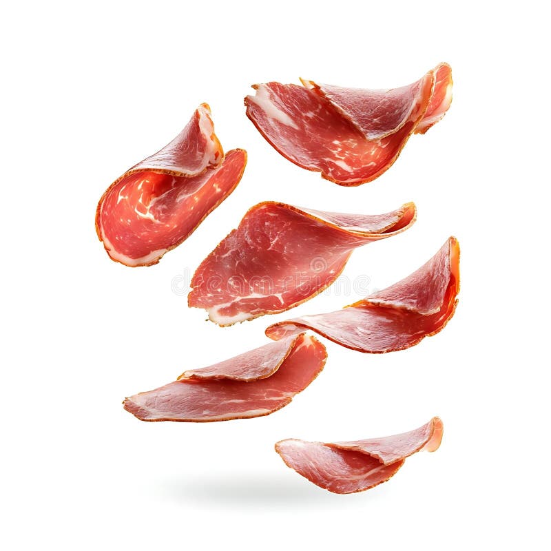 Floating Slices of Red Ham Isolated on White Background, Top View Stock ...