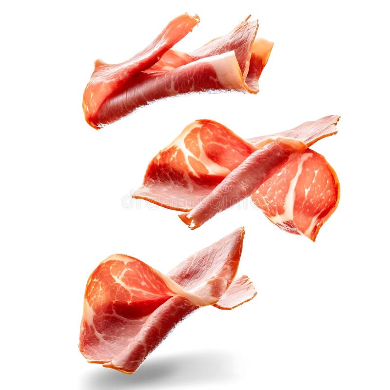 Floating Slices of Red Ham Isolated on White Background, Top View Stock ...