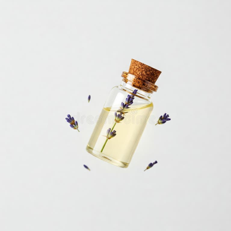 Floating Small Corked Bottle of Flower-infused Oil on a Solid White ...