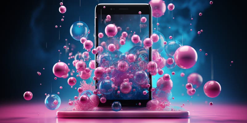 Floating Smartphone Screen with Bubbles 3d Render Stock Image - Image ...