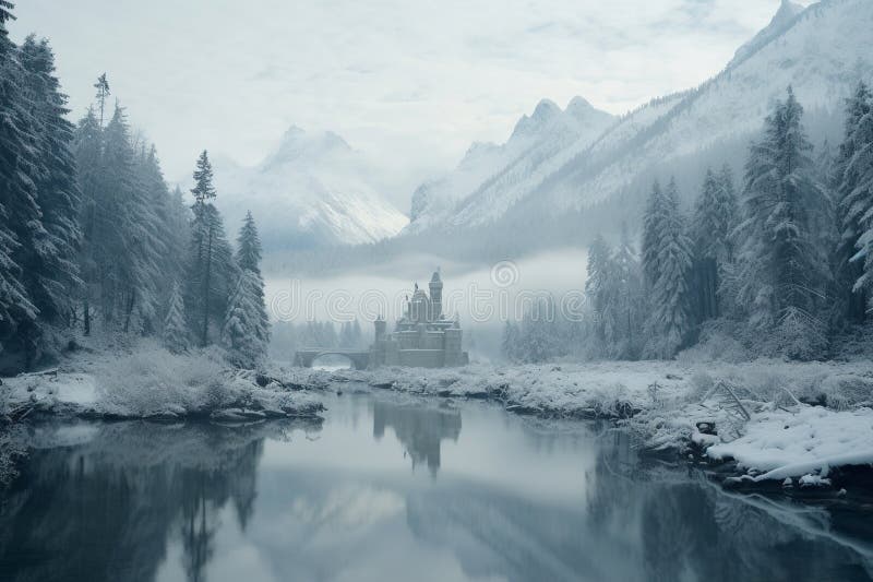 Floating Snow Castle Amidst Mountains and Glacial Lake Stock ...