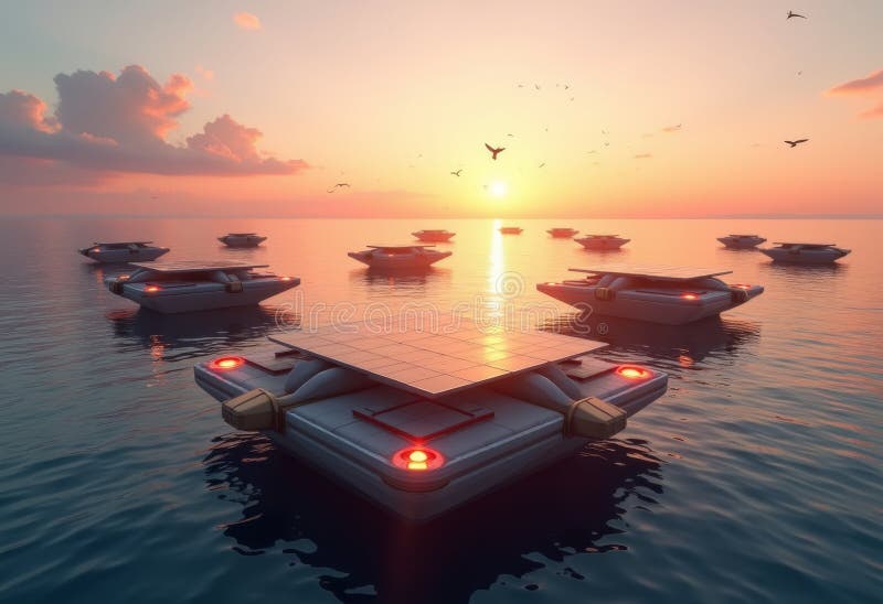 Floating Solar Energy Platforms at Sunset Over Calm Ocean Water Create ...