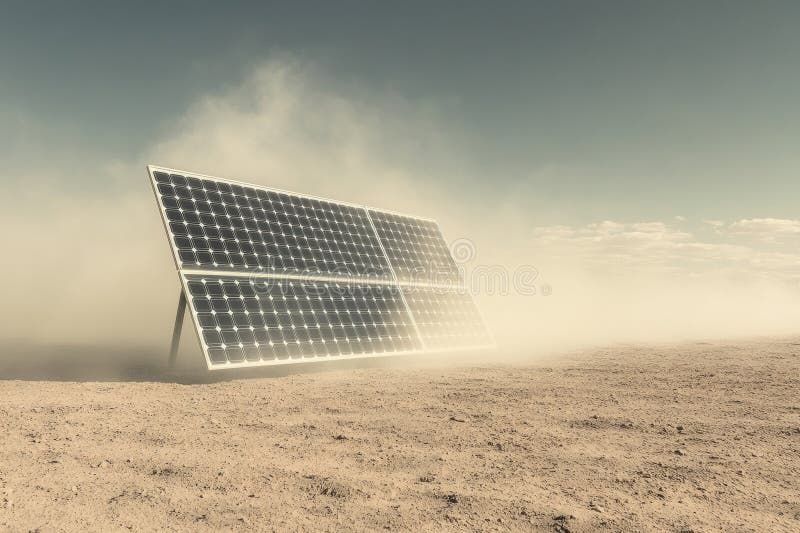 Floating Solar Panel Array in Dusty Desert Landscape at Dawn Stock ...