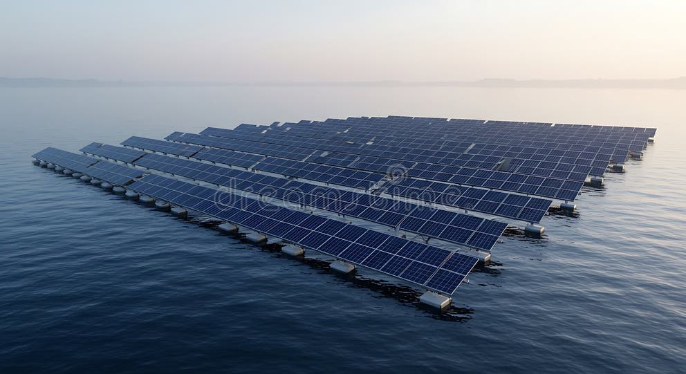 Floating Solar Panels Array in Water during Calm Day for Energy Stock ...