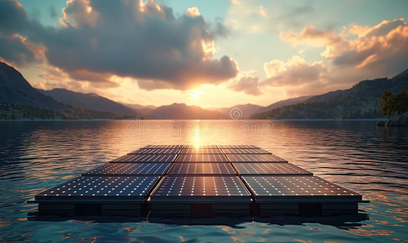 Floating Solar Panels on the Lake at Dawn. Stock Photo - Image of ...