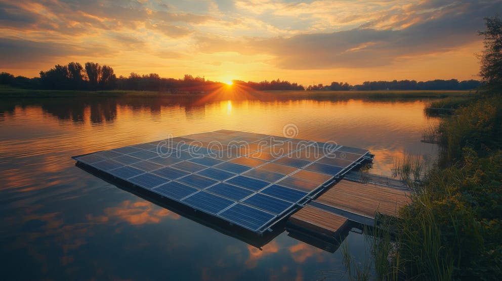 Floating Solar Panels at Sunset on Calm River Stock Illustration ...
