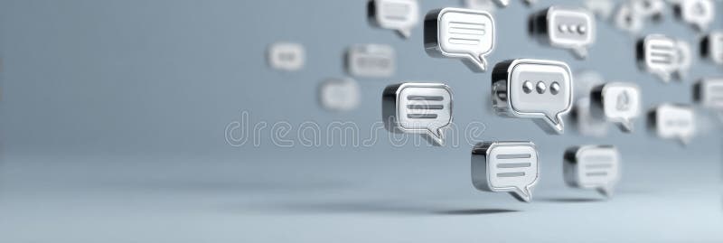 Floating Speech Bubbles in Metallic Finish Illuminate Digital Communication Concepts in a Modern ...