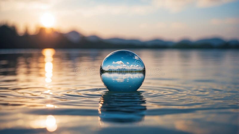 Floating Sphere Over a Flat Body of Water with Sky Background. Stock ...