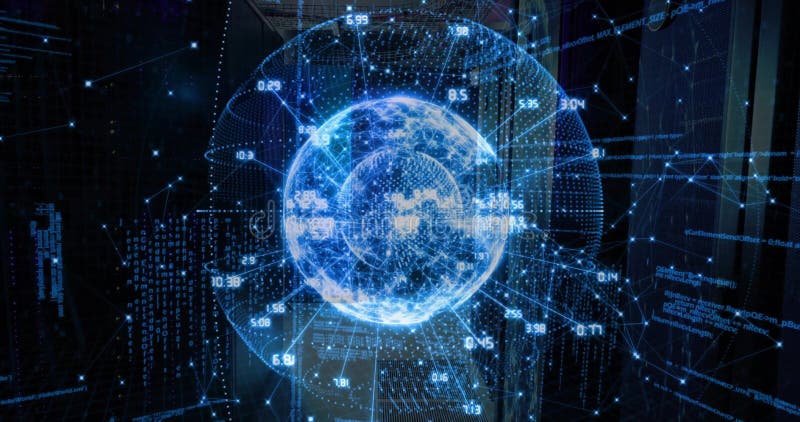 Floating Sphere Projecting Data Points Numeric Overlays and Network Lines in Server Room Stock ...