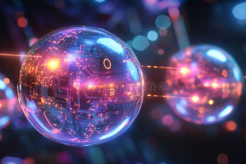 Floating Spheres Adorned with Circuitry Patterns, Connected by Glowing ...