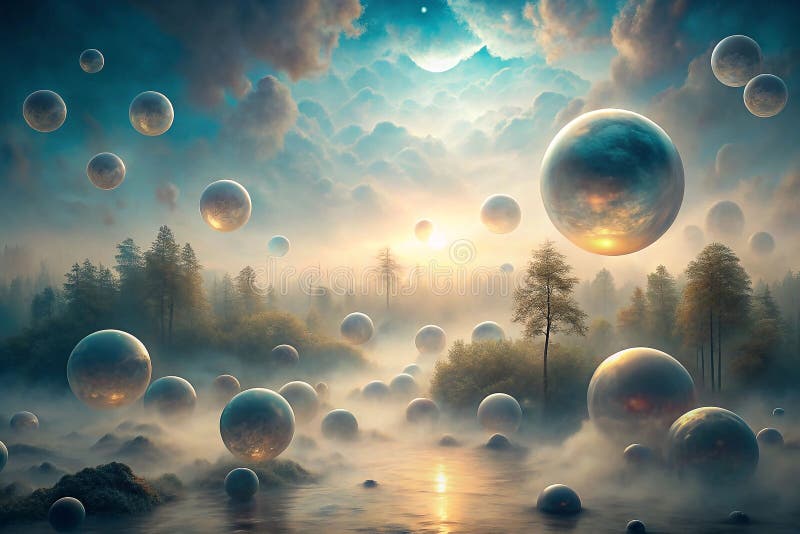 Floating Spheres, Mystical Forest, Sunrise, Dreamy Landscape Stock ...