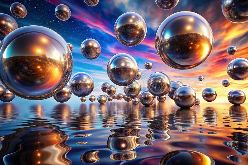 Floating Spheres Over a Mirrored Sea at Sunset Stock Illustration ...