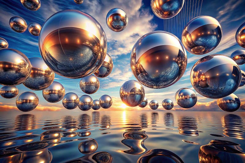 Floating Spheres Over a Reflective Sunset Sea Stock Illustration ...