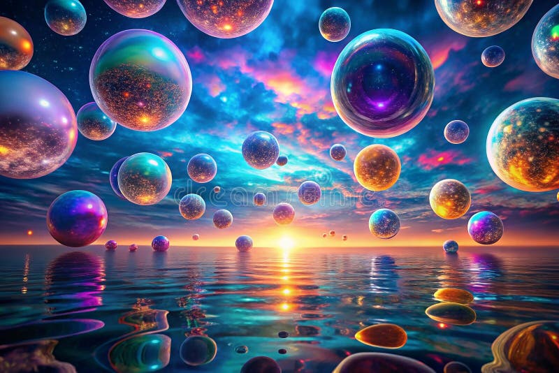 Floating Spheres Over Sunrise Ocean, Surreal Sky Stock Illustration ...