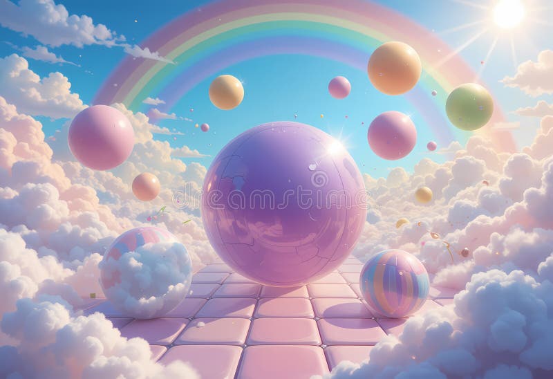 Floating Spheres in a Pastel Sky with Rainbow Stock Illustration ...