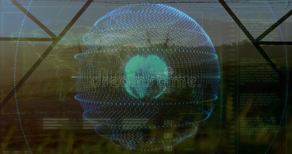Floating Spherical Data-point Globe Displaying Binary Code in Greenhouse, with Chart Overlays ...