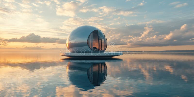 A Floating Spherical House on a Lake Reflecting the Sky for Futuristic ...