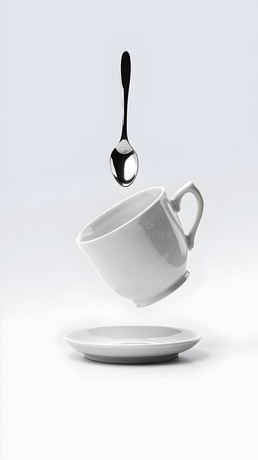 Floating Spoon Above Tilted White Cup, Minimalist Elegance Emphasized ...