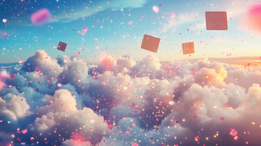 Floating Squares and Pink Glitter Above Clouds Stock Illustration ...