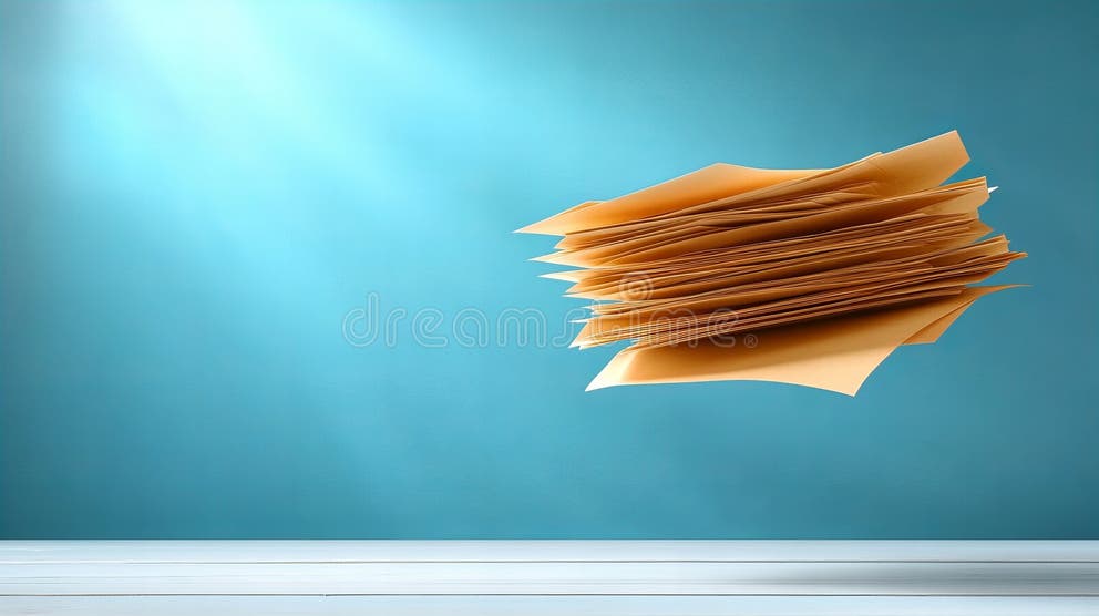Floating Stack of Documents Against Blue Background with Wooden Floor ...