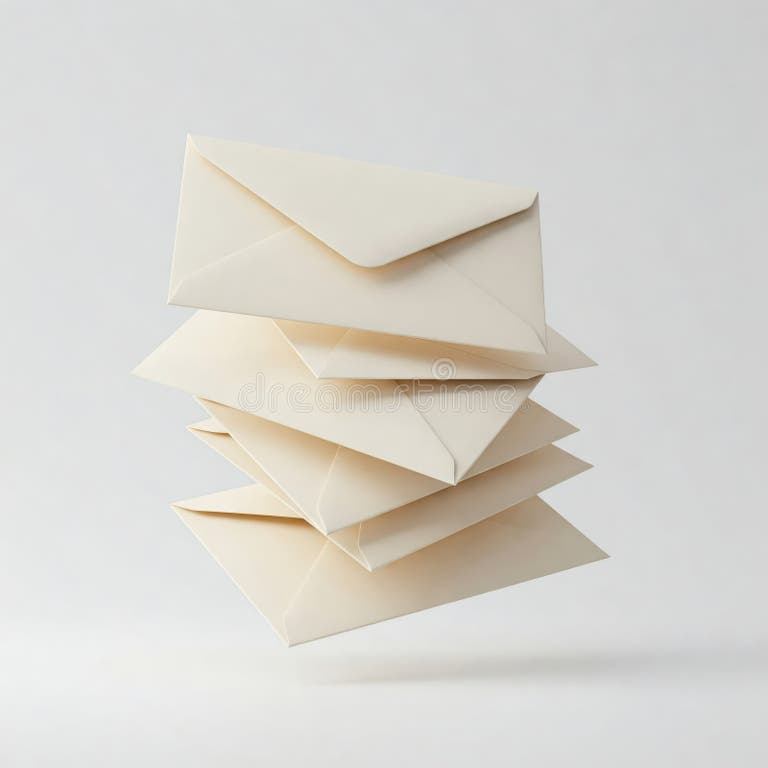 Floating Stack of Envelopes in Ivory, Solid White Background Stock ...