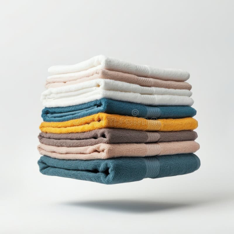 A Floating Stack of Neatly Folded Towels, on a Solid White Background ...