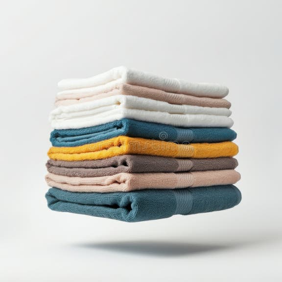 A Floating Stack of Neatly Folded Towels, on a Solid White Background ...