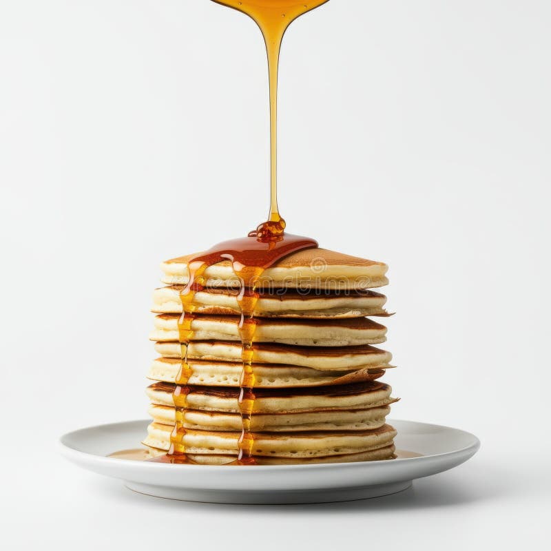 A Floating Stack of Pancakes with Syrup Dripping, on a Solid White ...